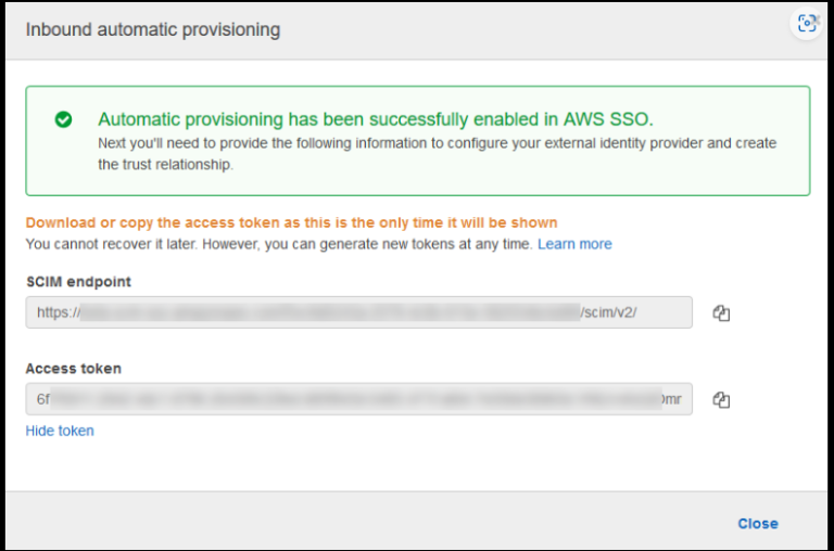 AWS Inbound automatic provisioning success page showing SCIM endpoint and Access token with ...