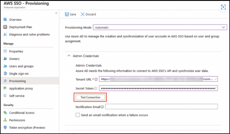 Azure Provisioning Admin Credentials section showing Tenant URL and Secret Token fields with ...