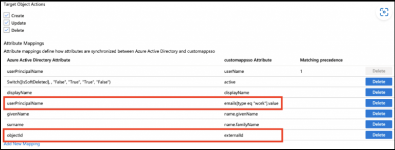 Azure Attribute Mappings showing detailed mapping configuration between Azure Active Directory ...