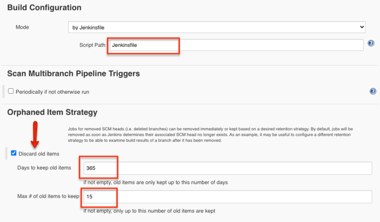 Jenkins Build Configuration showing Jenkinsfile path, scan triggers, and orphaned item strategy ...