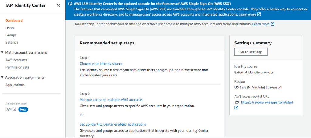 AWS IAM Identity Center console showing recommended setup steps including Choose your identity ...