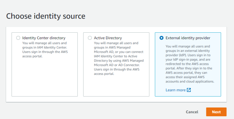 AWS IAM Identity Center Choose identity source page showing three options: Identity Center ...