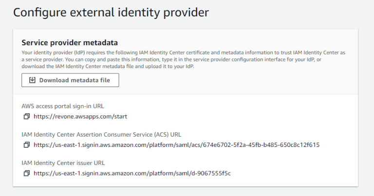 AWS Configure external identity provider page showing Service provider metadata with Download ...